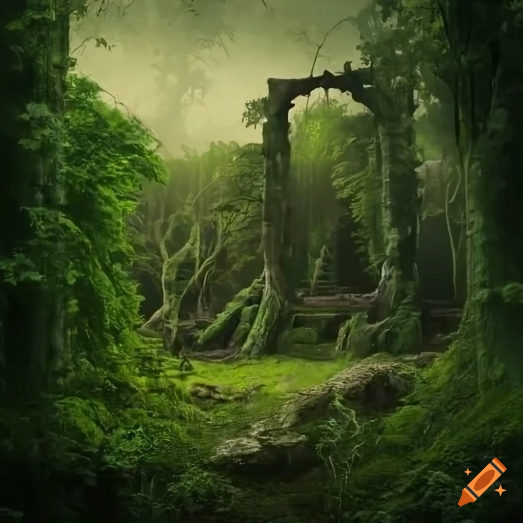 Ancient alien ruin surrounded by vines with a dense forest in the ...