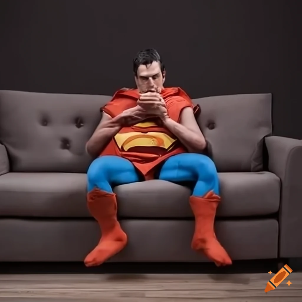 Lazy superman enjoying junk food on a couch on Craiyon