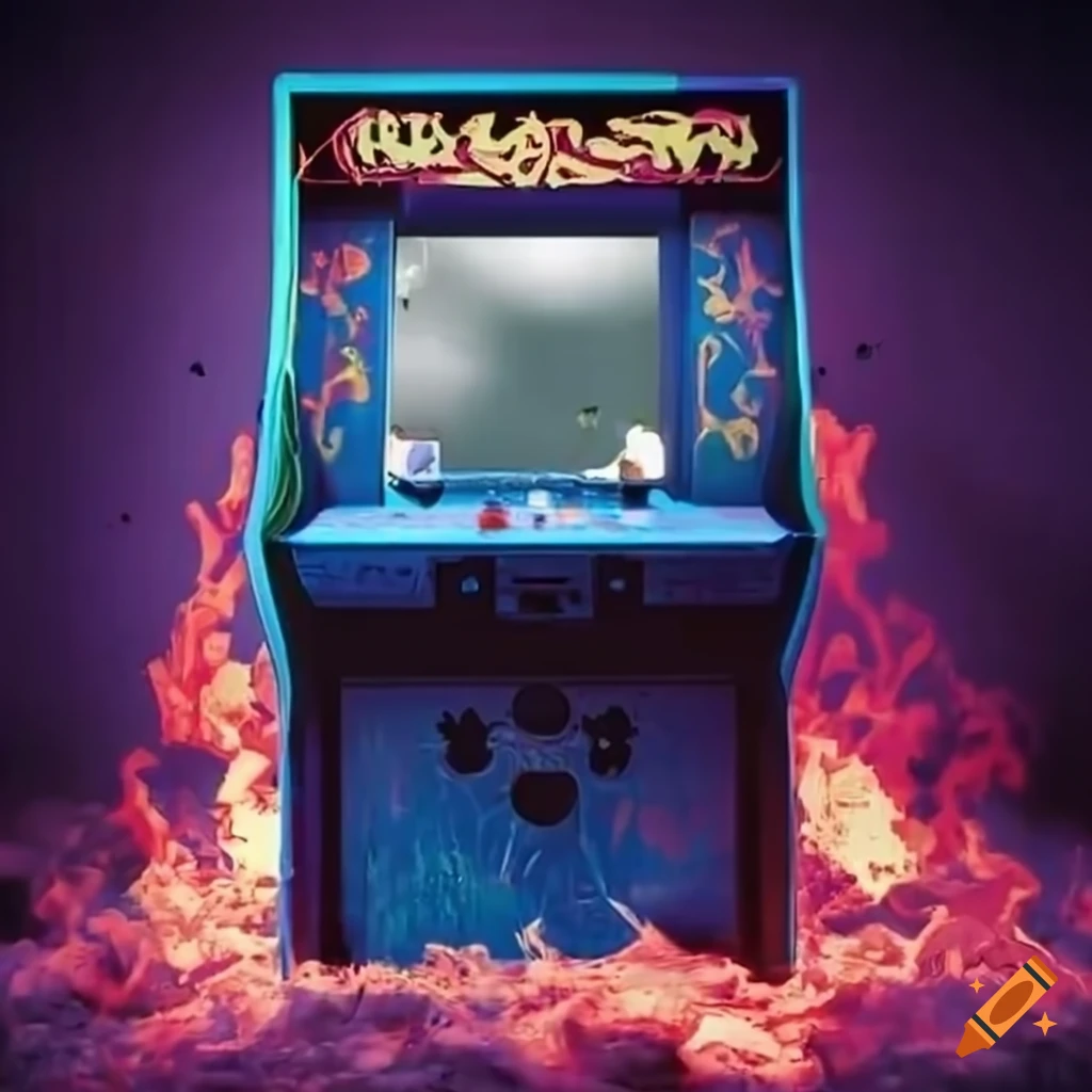 Focused man playing vintage arcade game in an intense setting on Craiyon