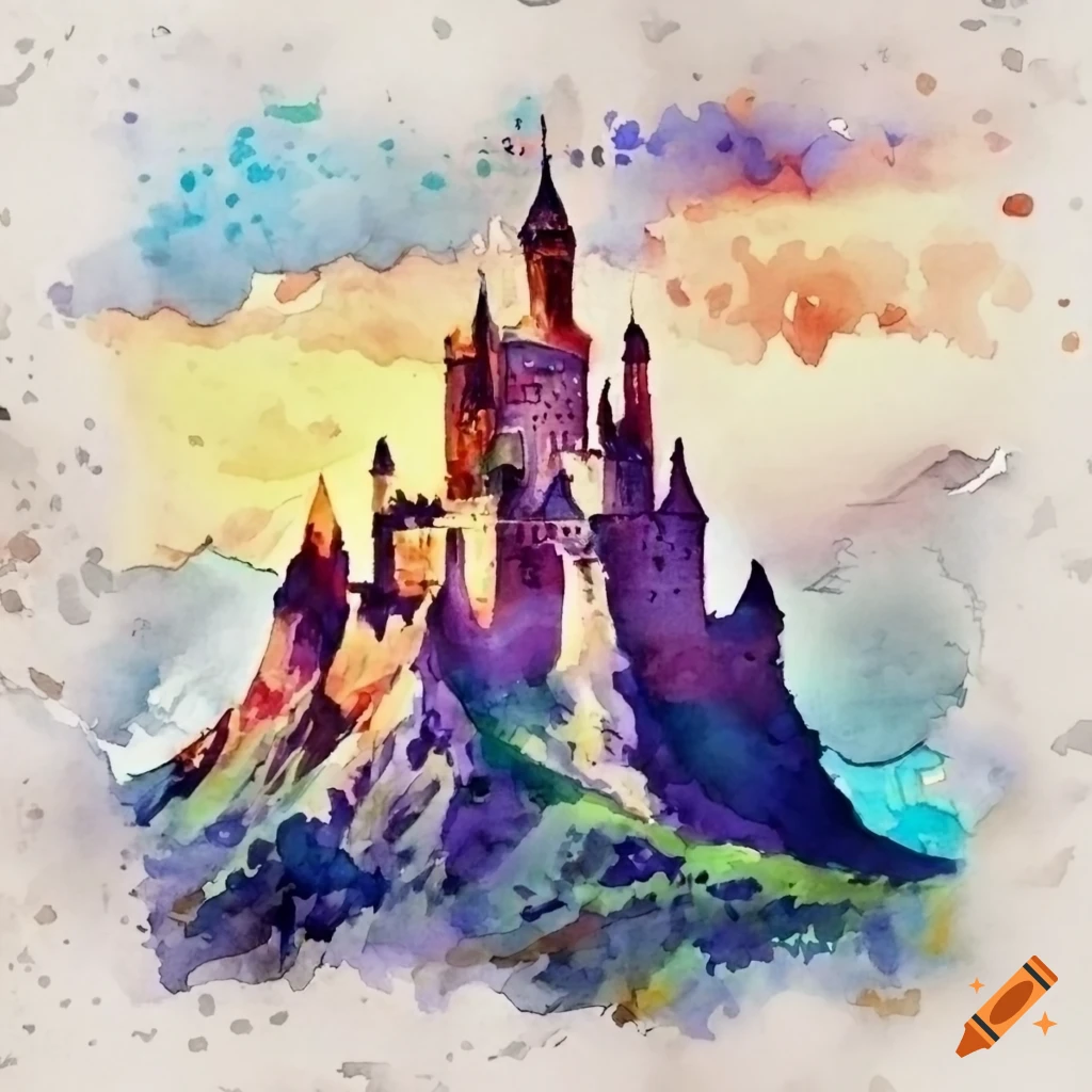 Castle nestled in mountains in a watercolor painting on Craiyon