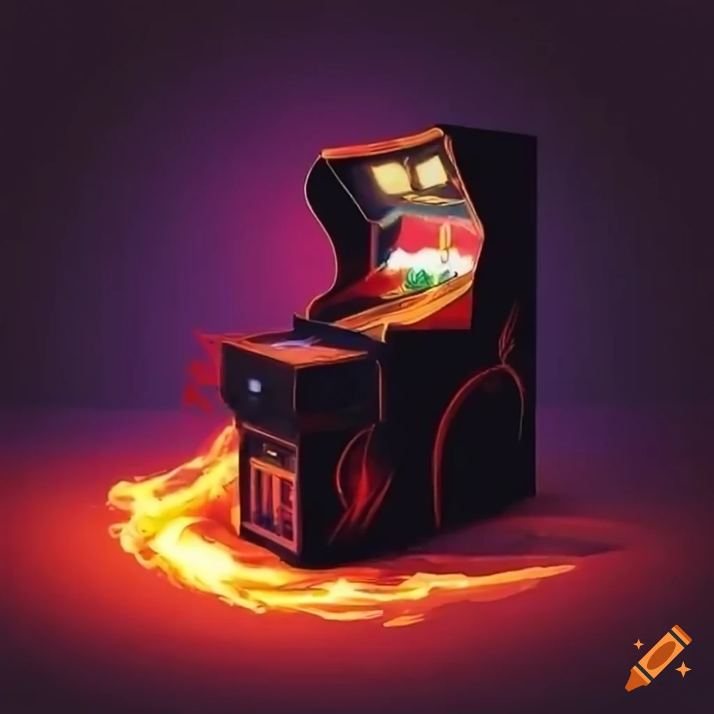 Lonely guy playing video game in burning arcade on Craiyon