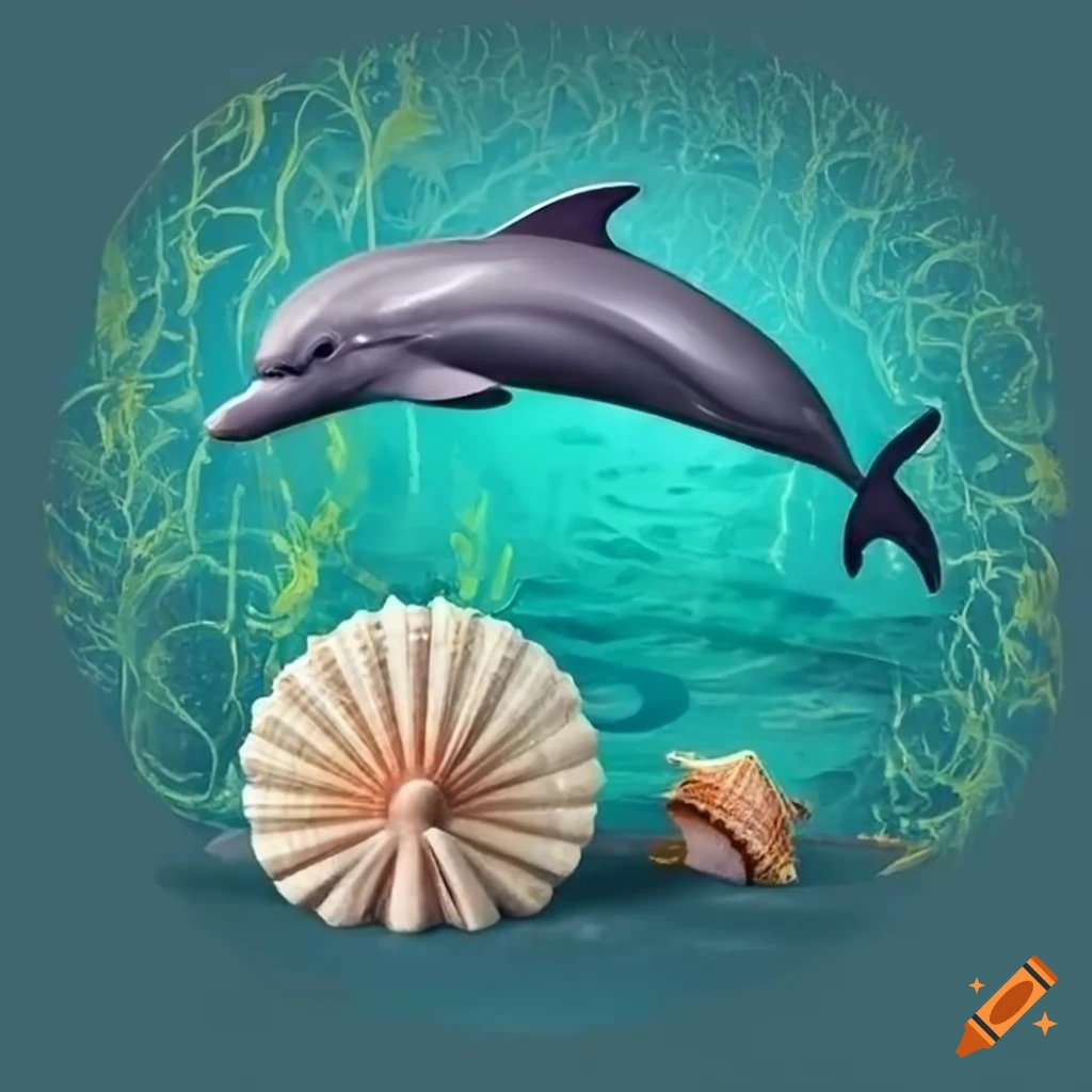 Dolphin spirit totem with seashell and kelp background on Craiyon