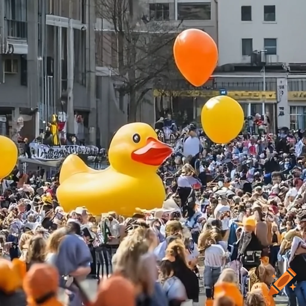 Huge rubber duck in Halloween parade surrounded by people carrying ...