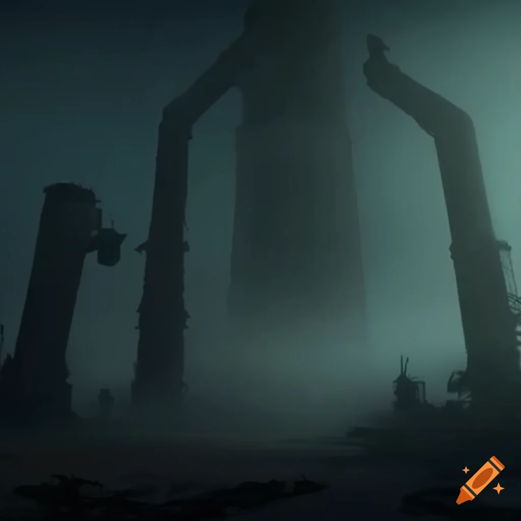 Primordial brutal megalophobia with thick fog and industrial complex on Craiyon