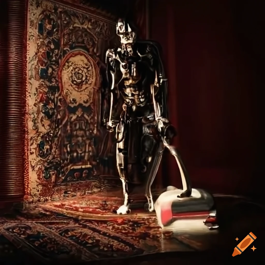 Terminator cleaning a Persian carpet with a vintage vacuum cleaner on ...