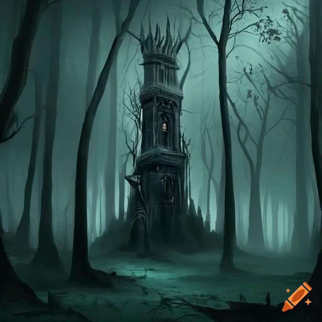 Realistic dark fantasy of magic tower in a dense forest on Craiyon