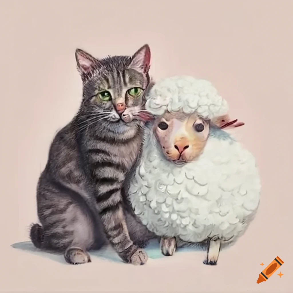 Gray striped cat and white sheep sharing a cozy moment on Craiyon