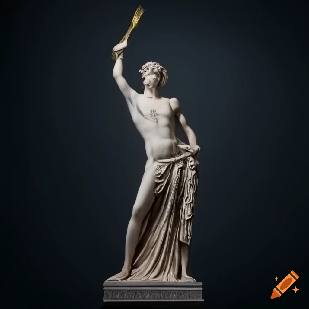 Greek statue in dynamic pose with ornate sword in dramatic lighting on ...