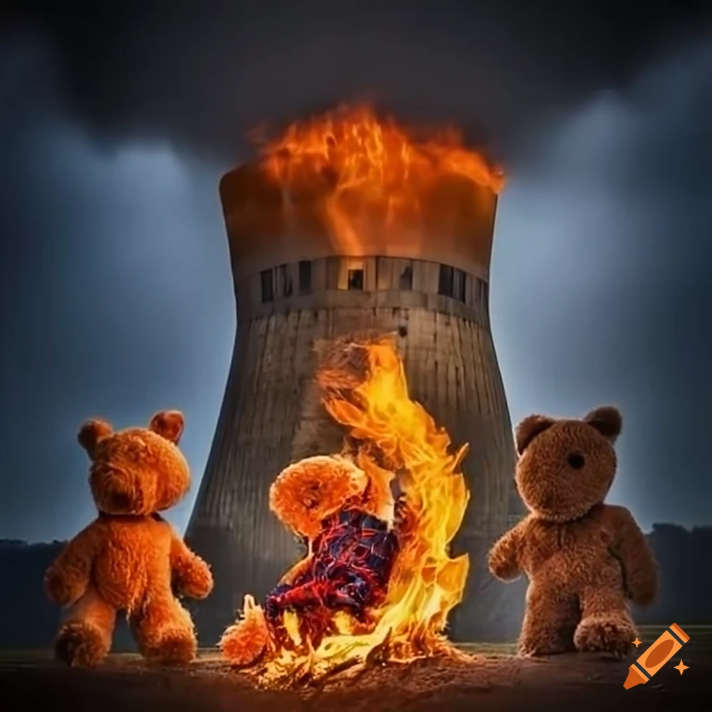 Creative artwork of nuclear tower with burning teddy bears on Craiyon