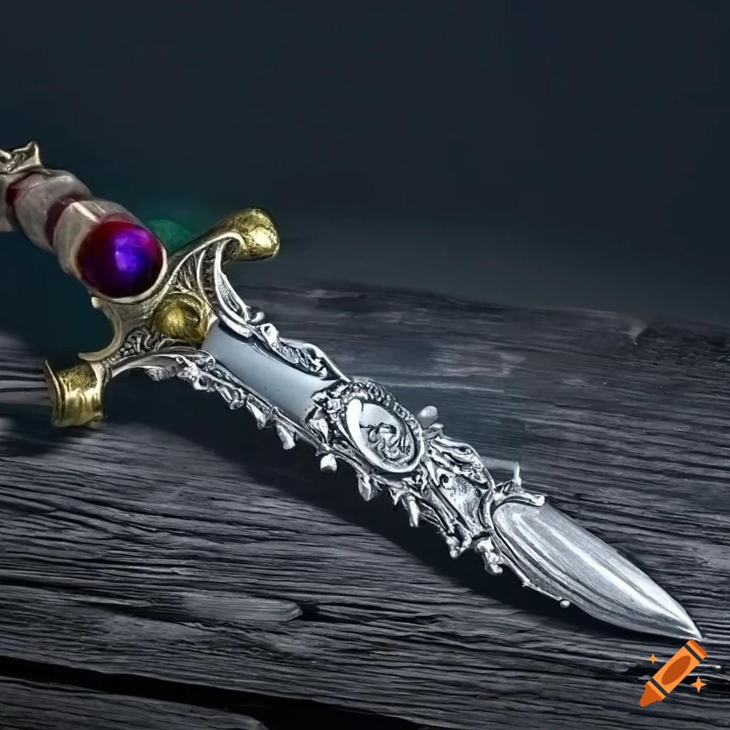 Enchanted ritual dagger with silver blade and gemstone on wooden table ...