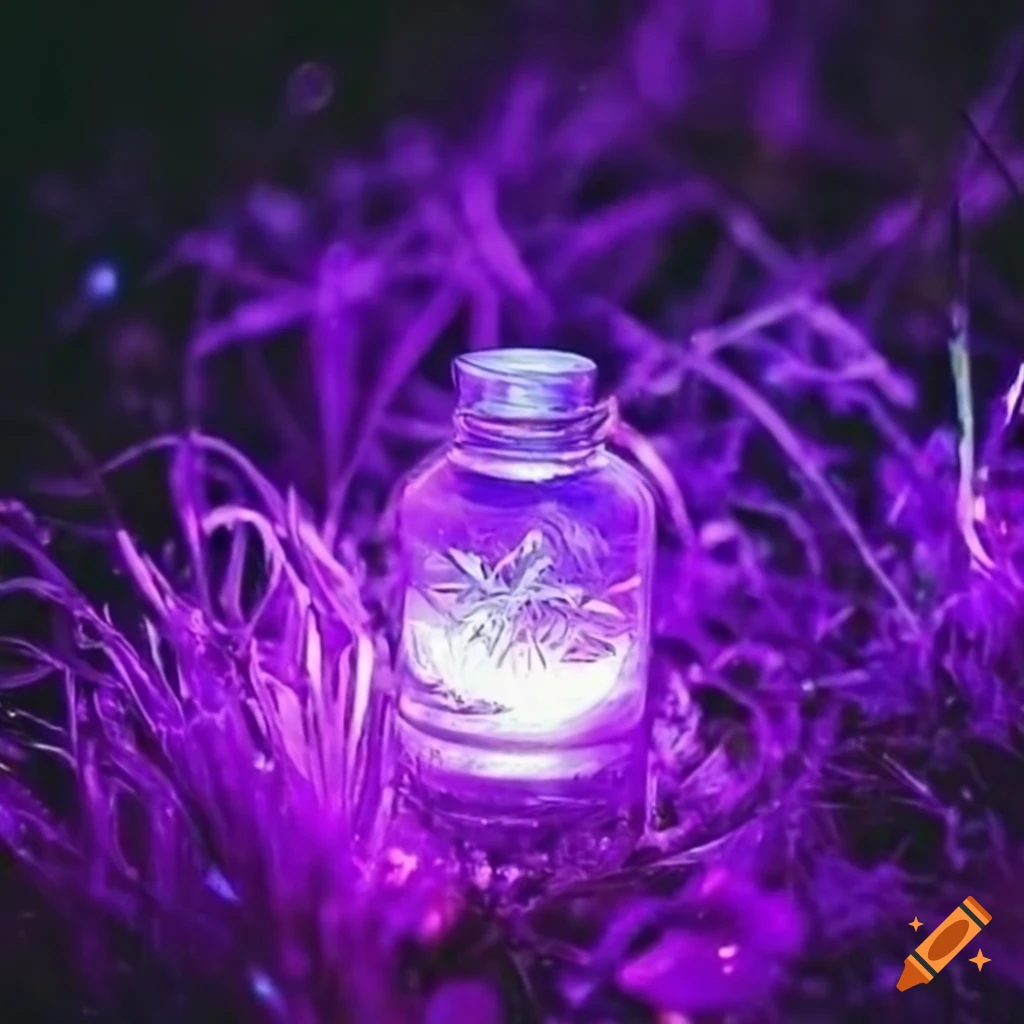 Luminous magic potion in a fantasy jar on magical grass surrounded by ...