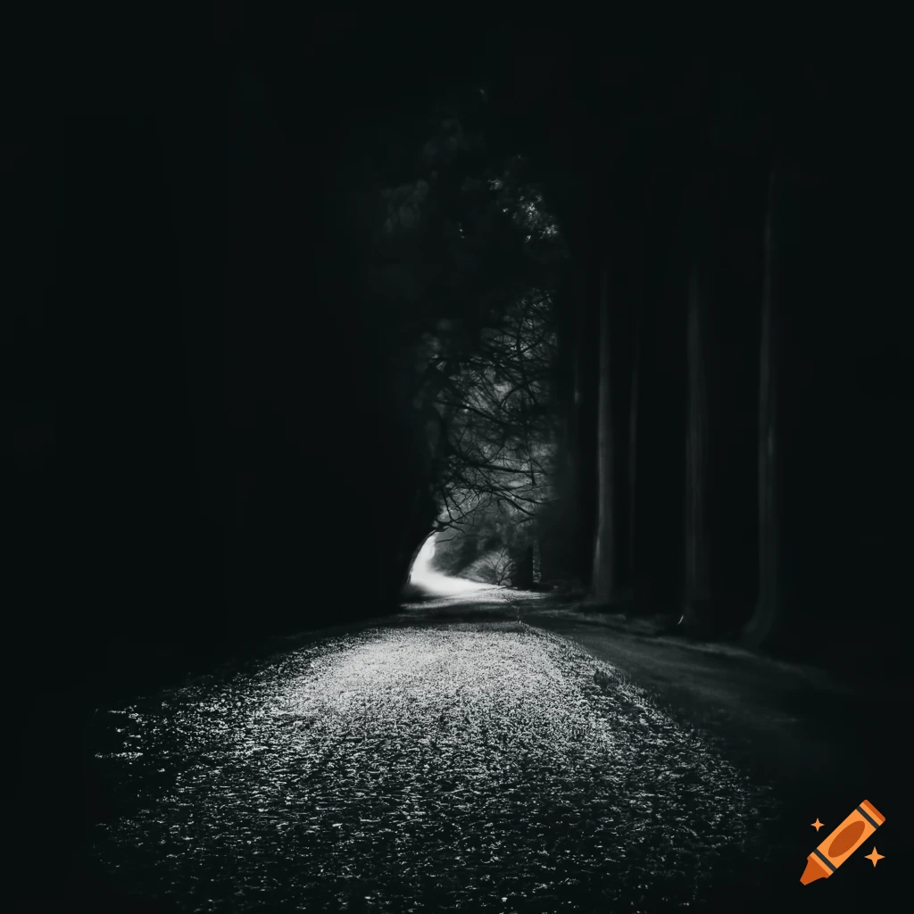 Old road with trees at night in a dimly lit setting on Craiyon
