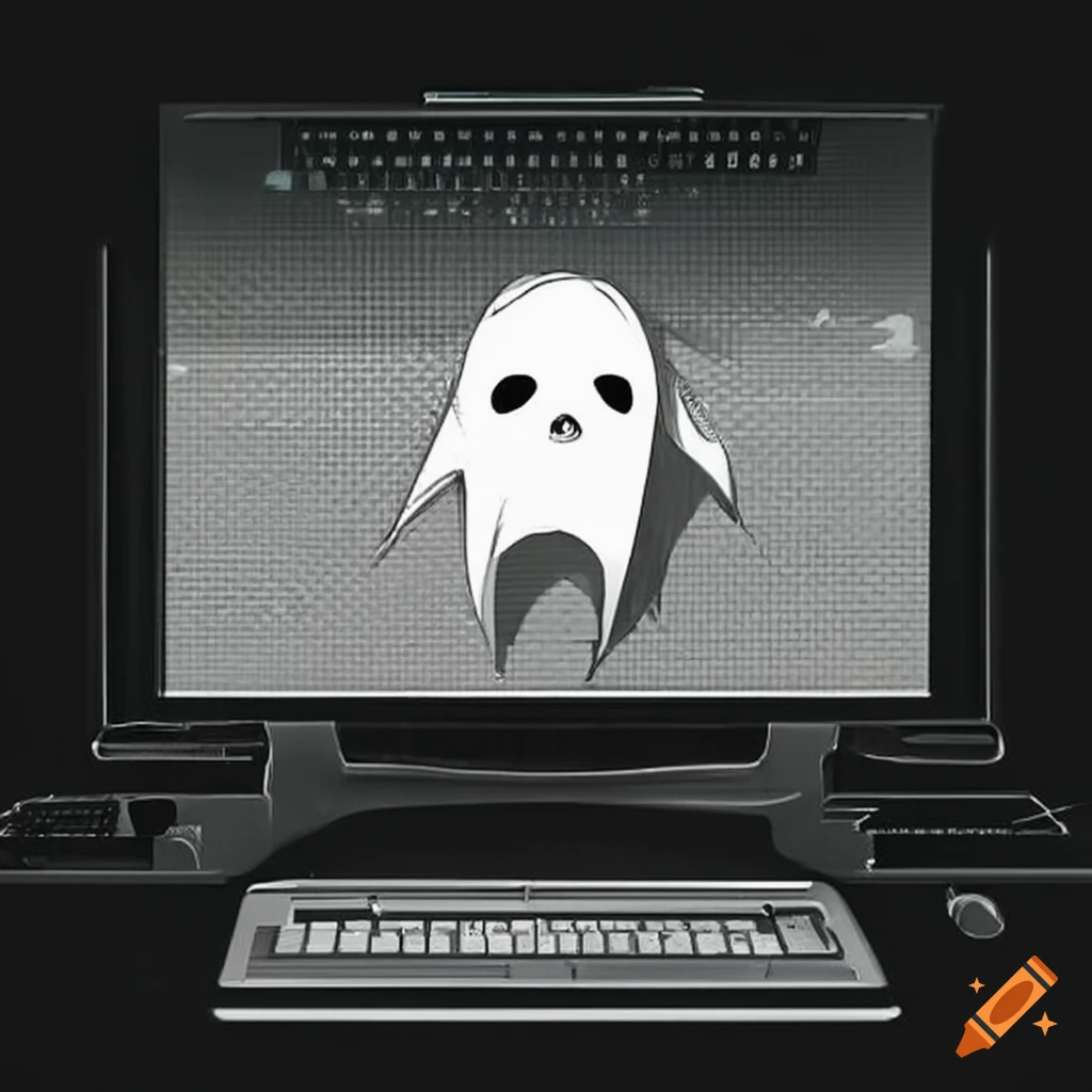 Cybercafe for ghosts with glowing computer screens on Craiyon