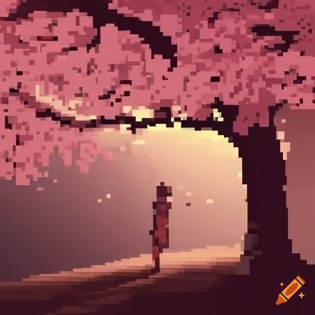 Girl sleeping under a sakura tree in pixel art with a rising sun on Craiyon