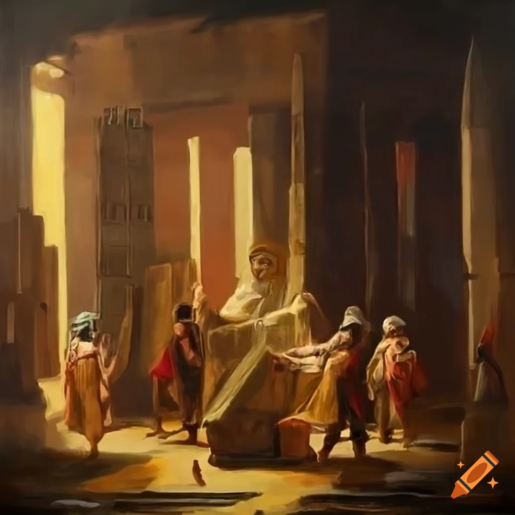 Dystopian egyptian temple in a horror game depicted in classical oil ...