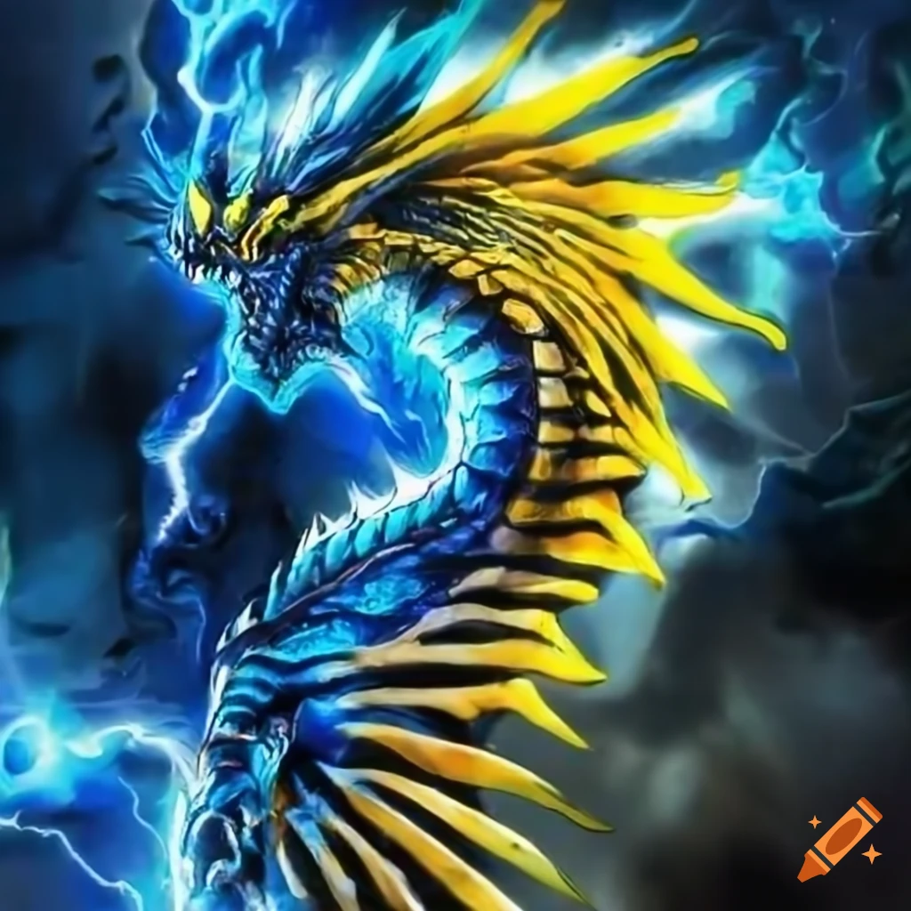 Blue and yellow thunder dragon illustration on Craiyon
