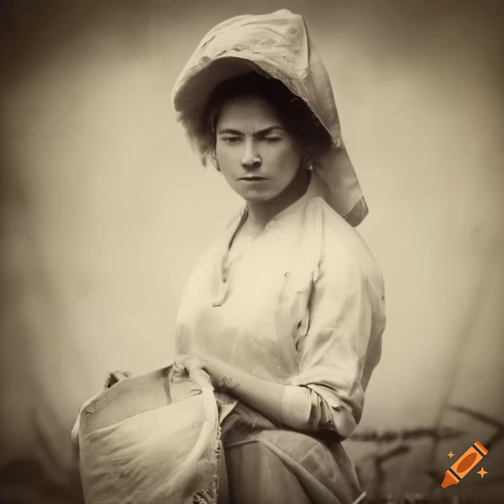 Female field worker in white clothes in an old photograph on Craiyon