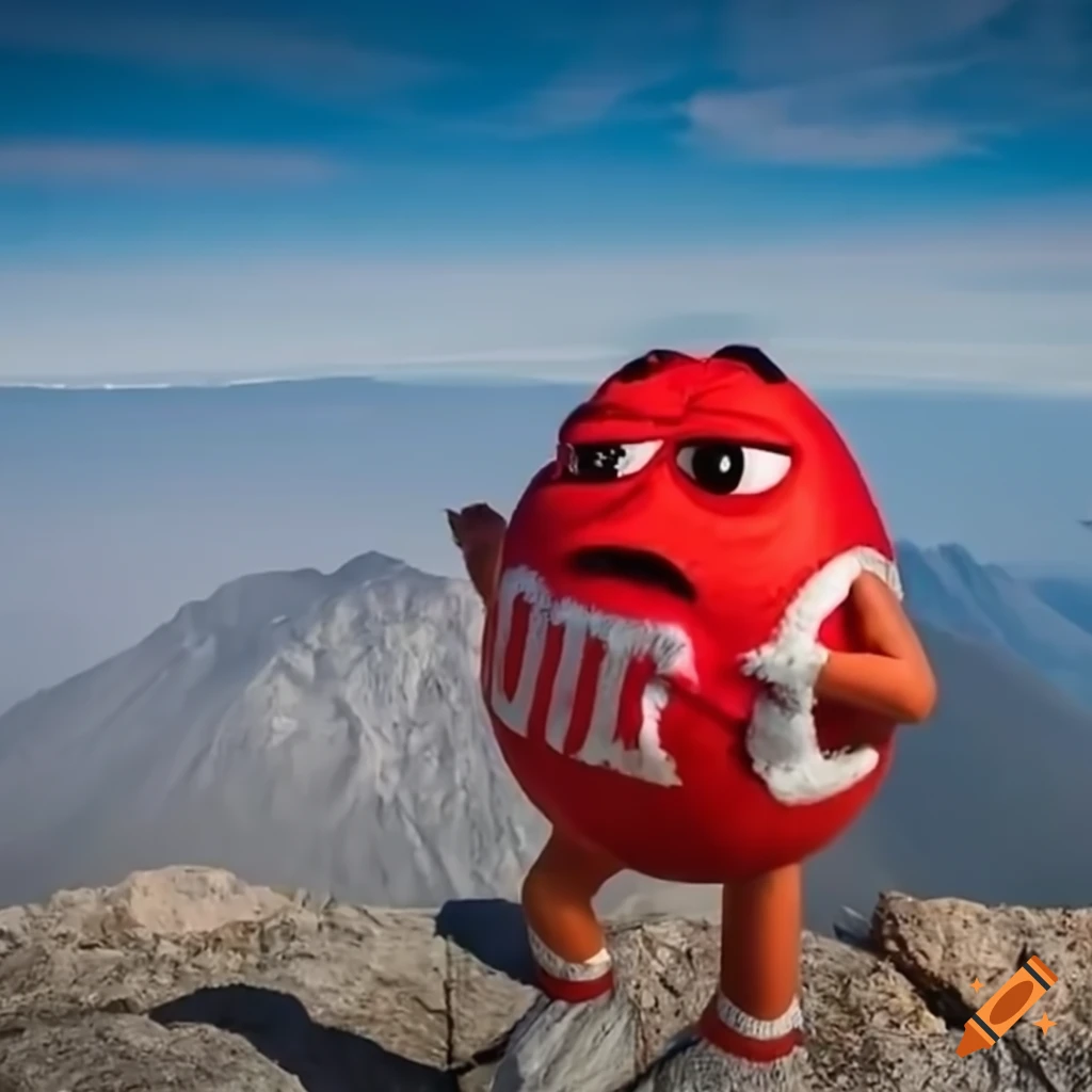 Red m&m character on a mountain peak on Craiyon