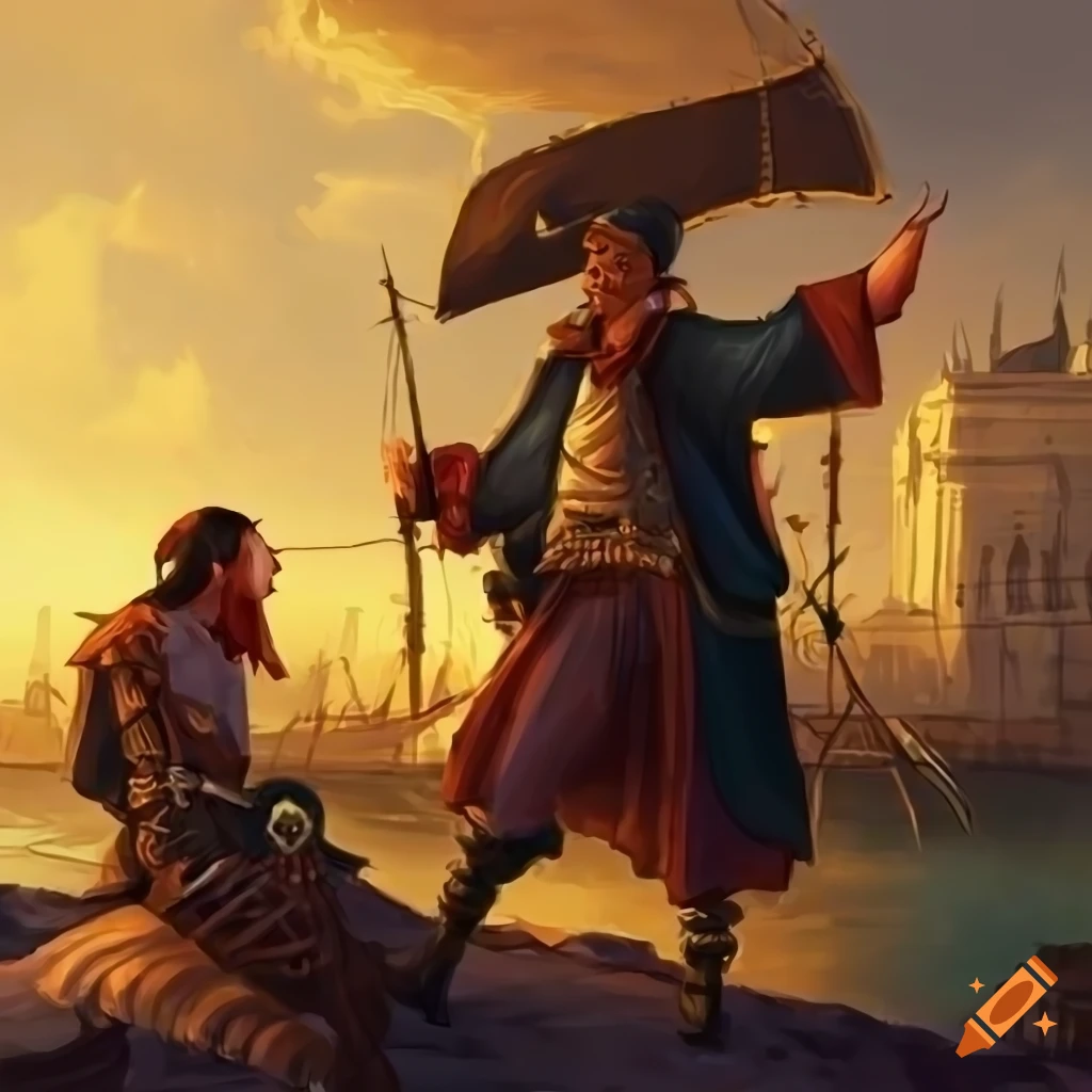 Pirate negotiating at a French port in a fantasy art style on Craiyon
