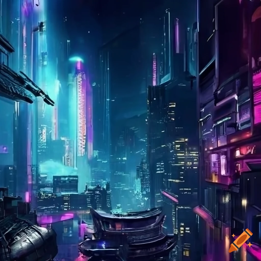 Cyberpunk city spaceport with futuristic skyline and planets in the sky ...