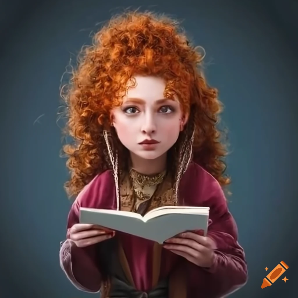 Female hobbit with red curly hair holding a book on Craiyon