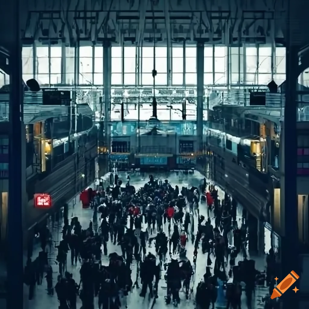 Crowded airport train terminal on Craiyon