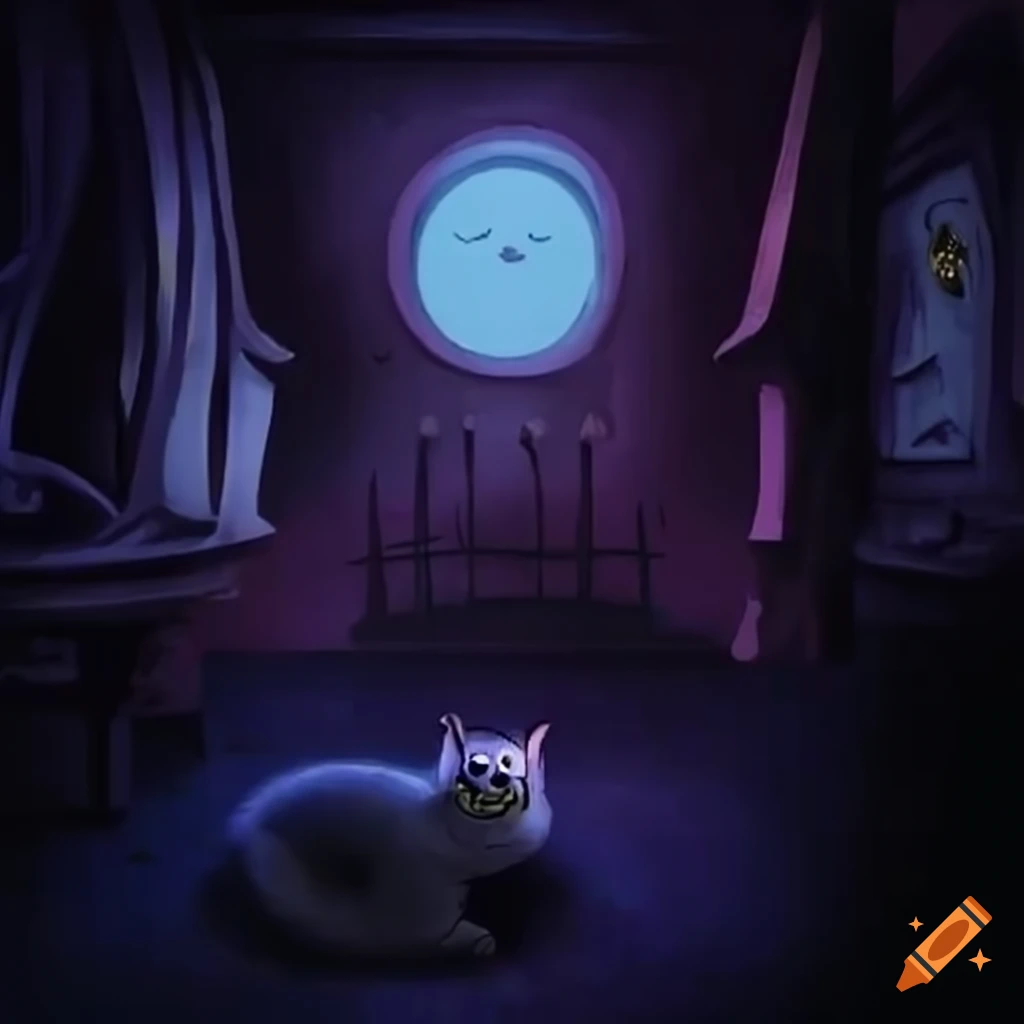 Cat resting inside a cartoon haunted house on Craiyon