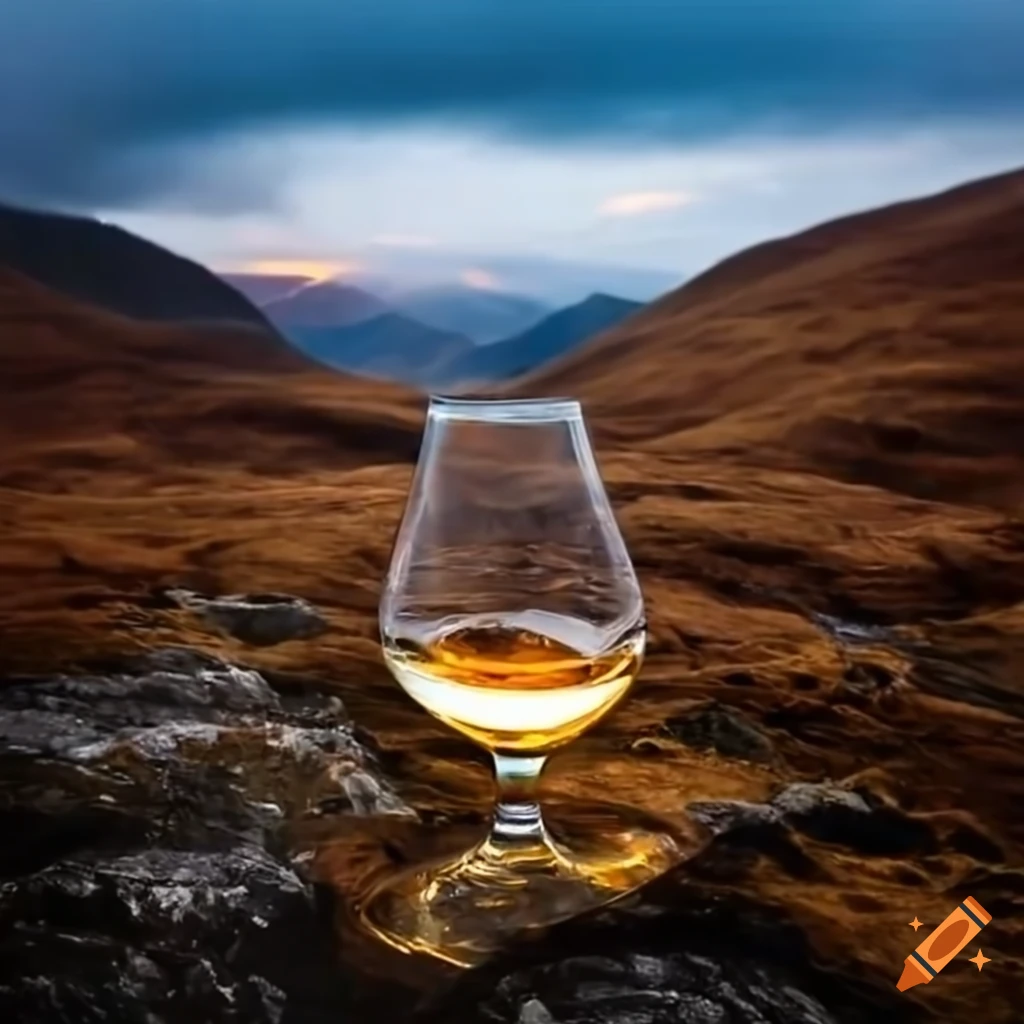 Whisky in a Glencairn glass on a Scottish mountain on Craiyon