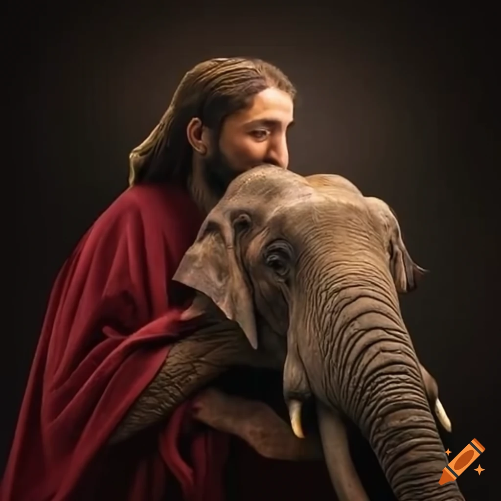 Jesus embracing an elephant on Craiyon