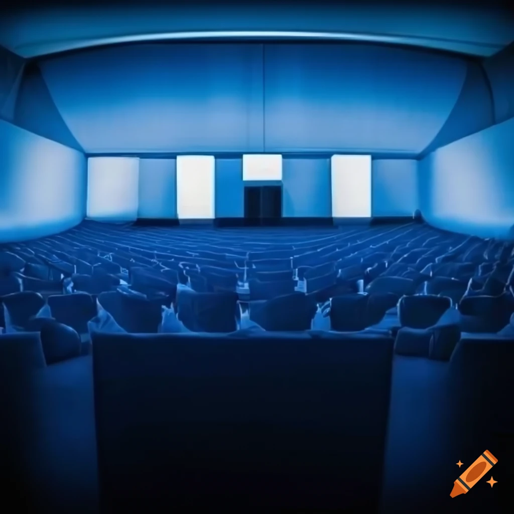 White auditorium with speakers and poster panels in the background on ...