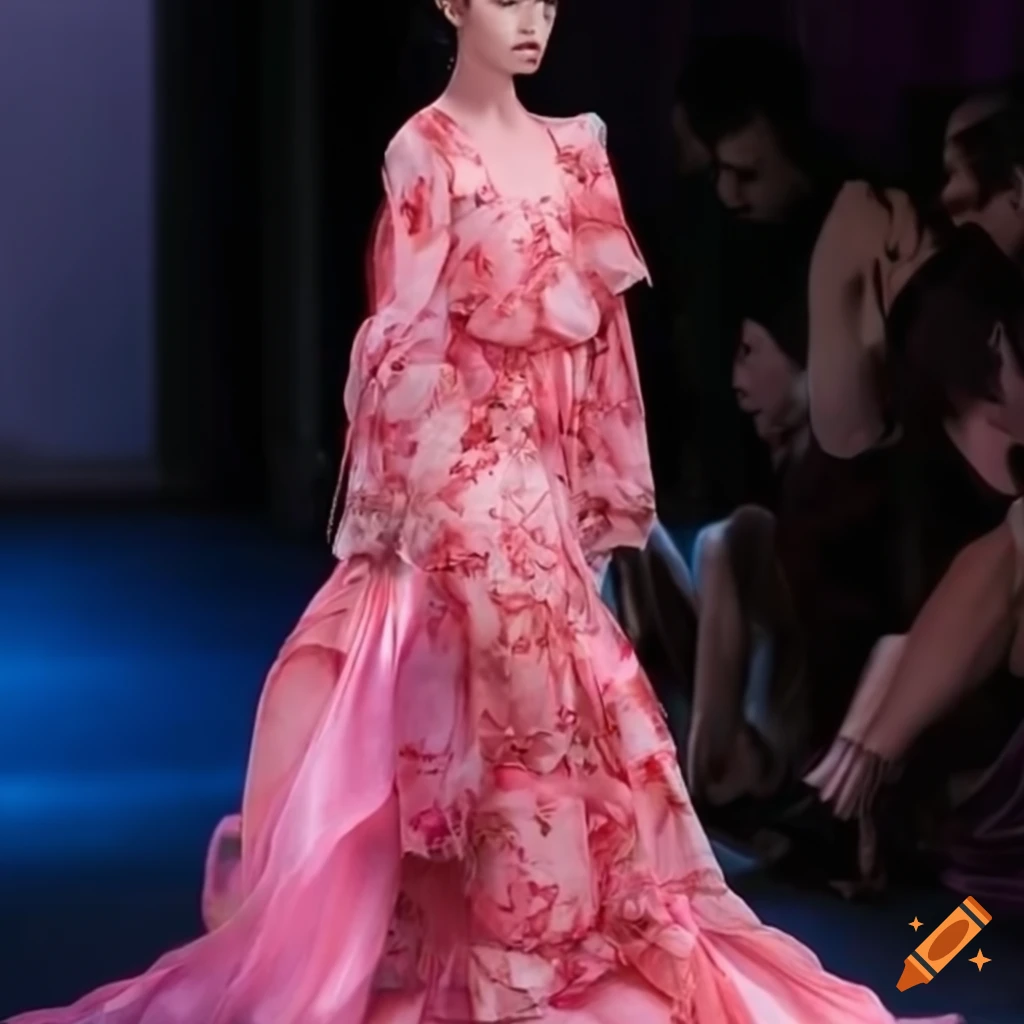 Fashion model in abstract floral pink silk chiffon gown on runway on ...