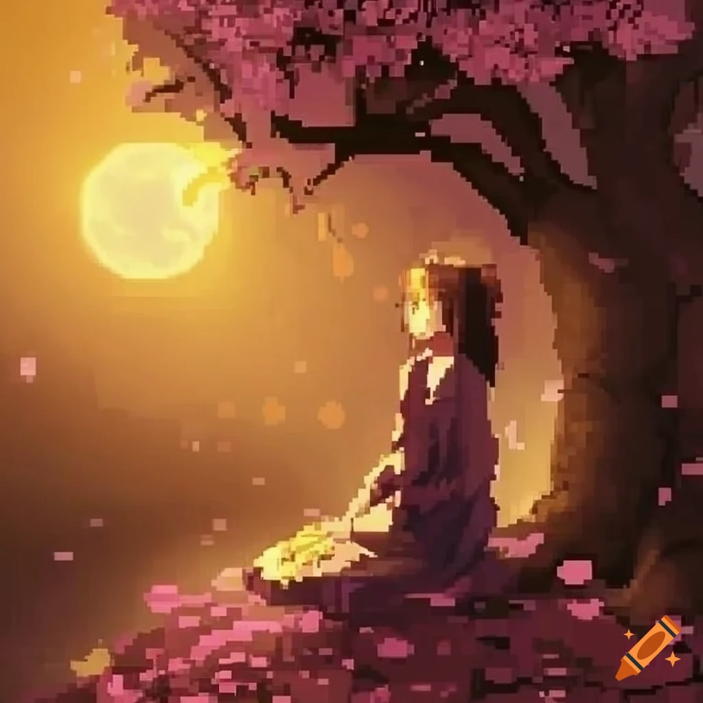 Girl sleeping under a sakura tree in pixel art with a rising sun, sepia ...