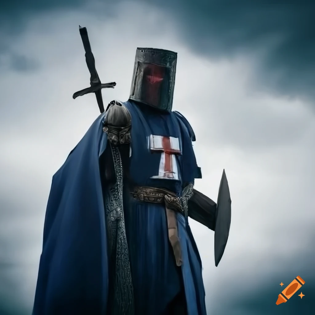 Templar knight in blue armor under rainy skies on Craiyon