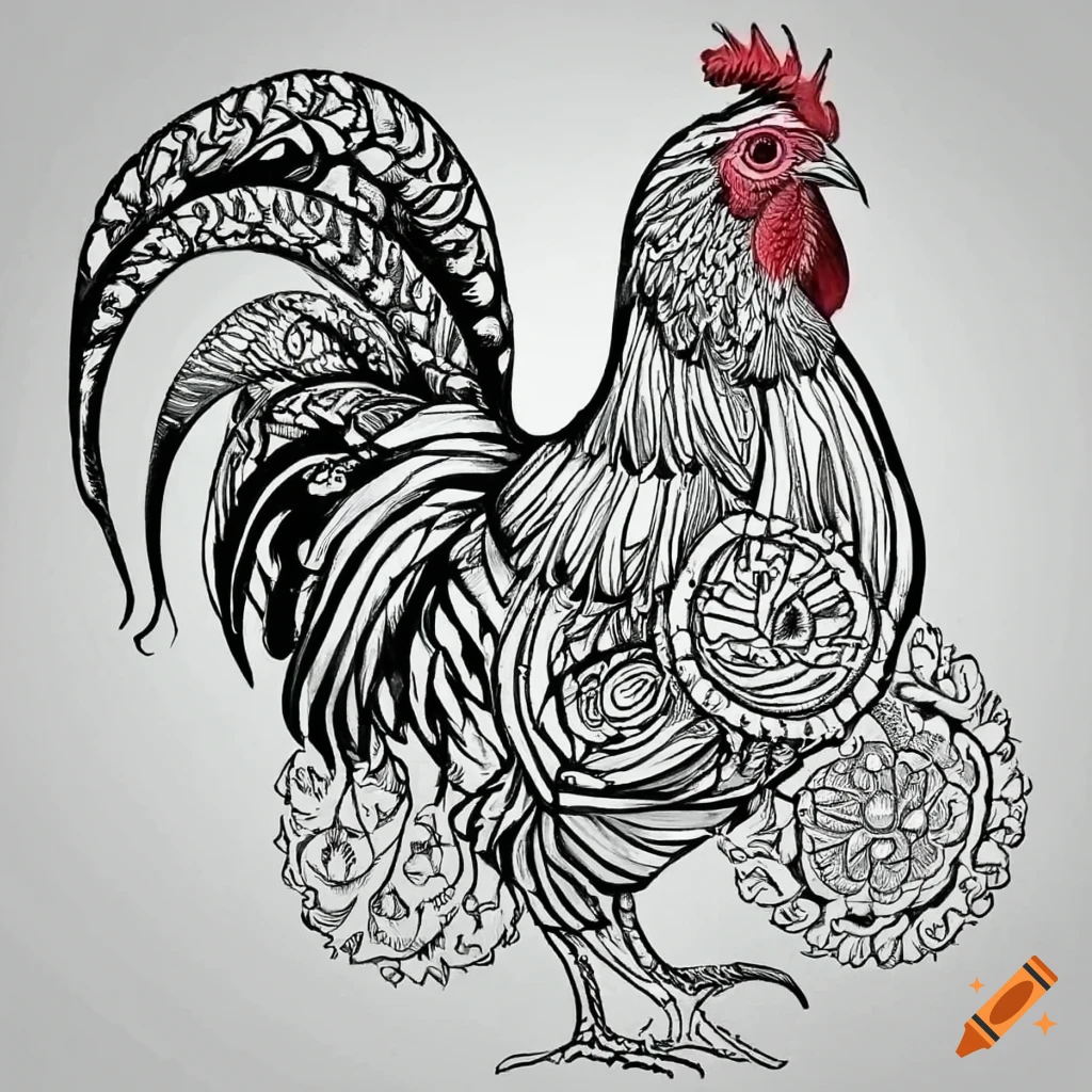 Rooster mandala coloring page in line art style on Craiyon