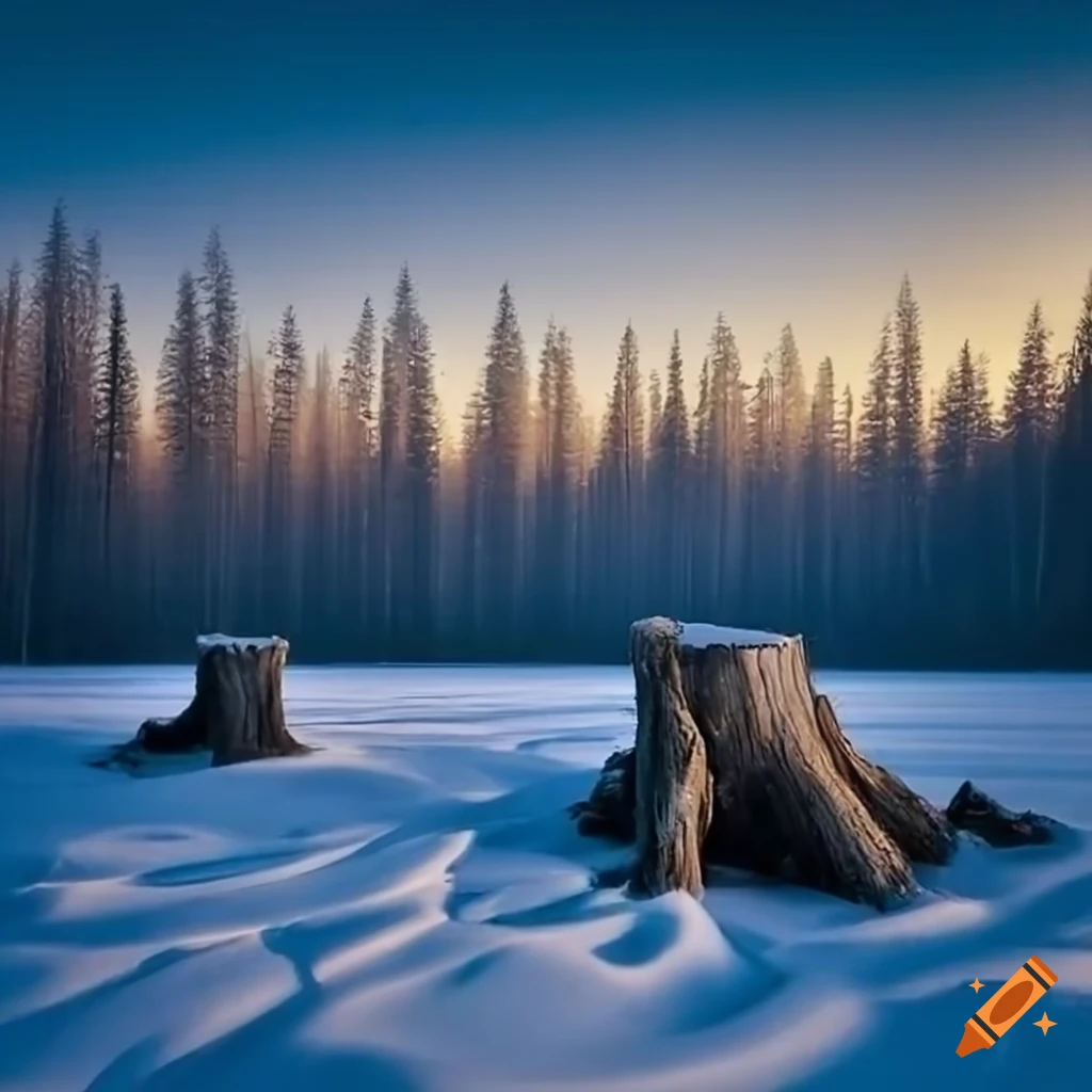 Barren winter landscape of clear-cut forest with tree stumps on Craiyon