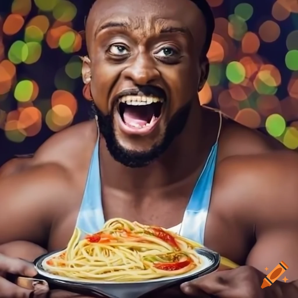 Wwe star big e eating spaghetti with don west on Craiyon