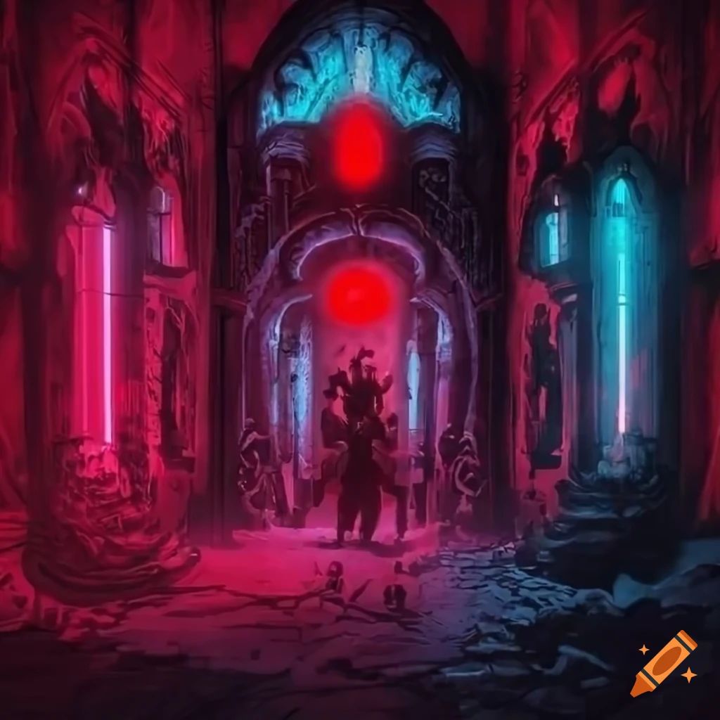 Evil cyber neon medieval entrance in black and red tones in a 2D art ...