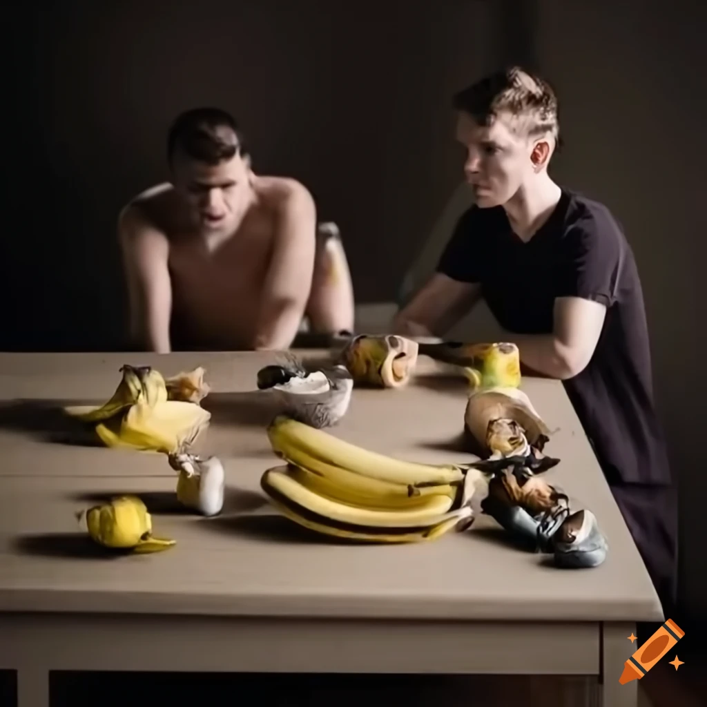 Group of men standing around a table with various objects including a ...