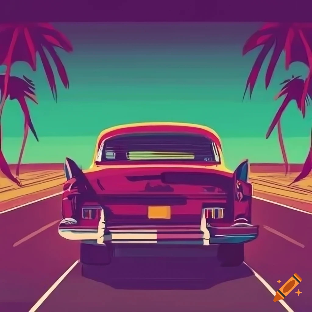 Vintage cuban car drifting in retro 80s style illustration on Craiyon