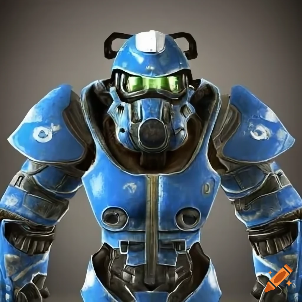 Fallout 2 power armor in blue, white, and black colors on Craiyon