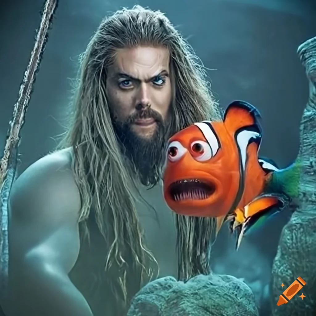 Aquaman searching for Nemo in a movie poster on Craiyon