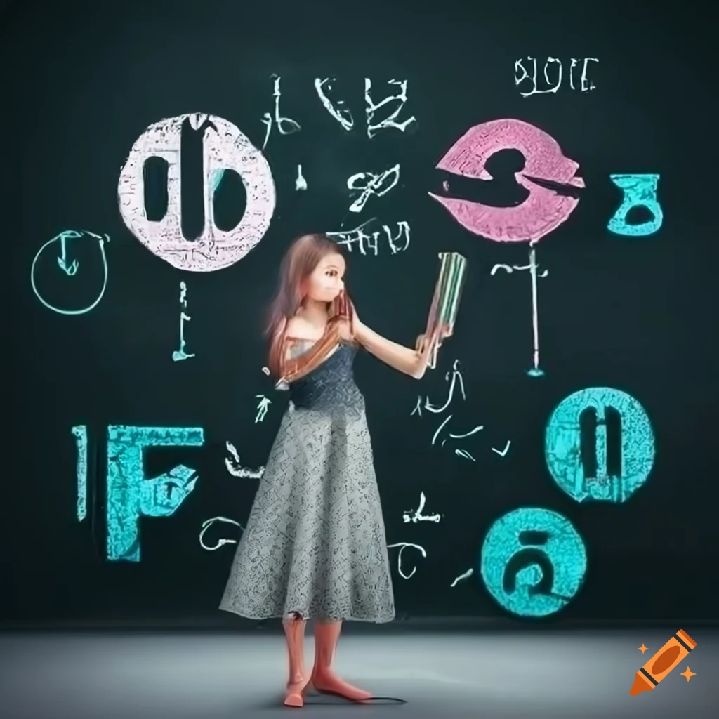 Girl surrounded by mathematic symbols with a calculator and pencil on ...