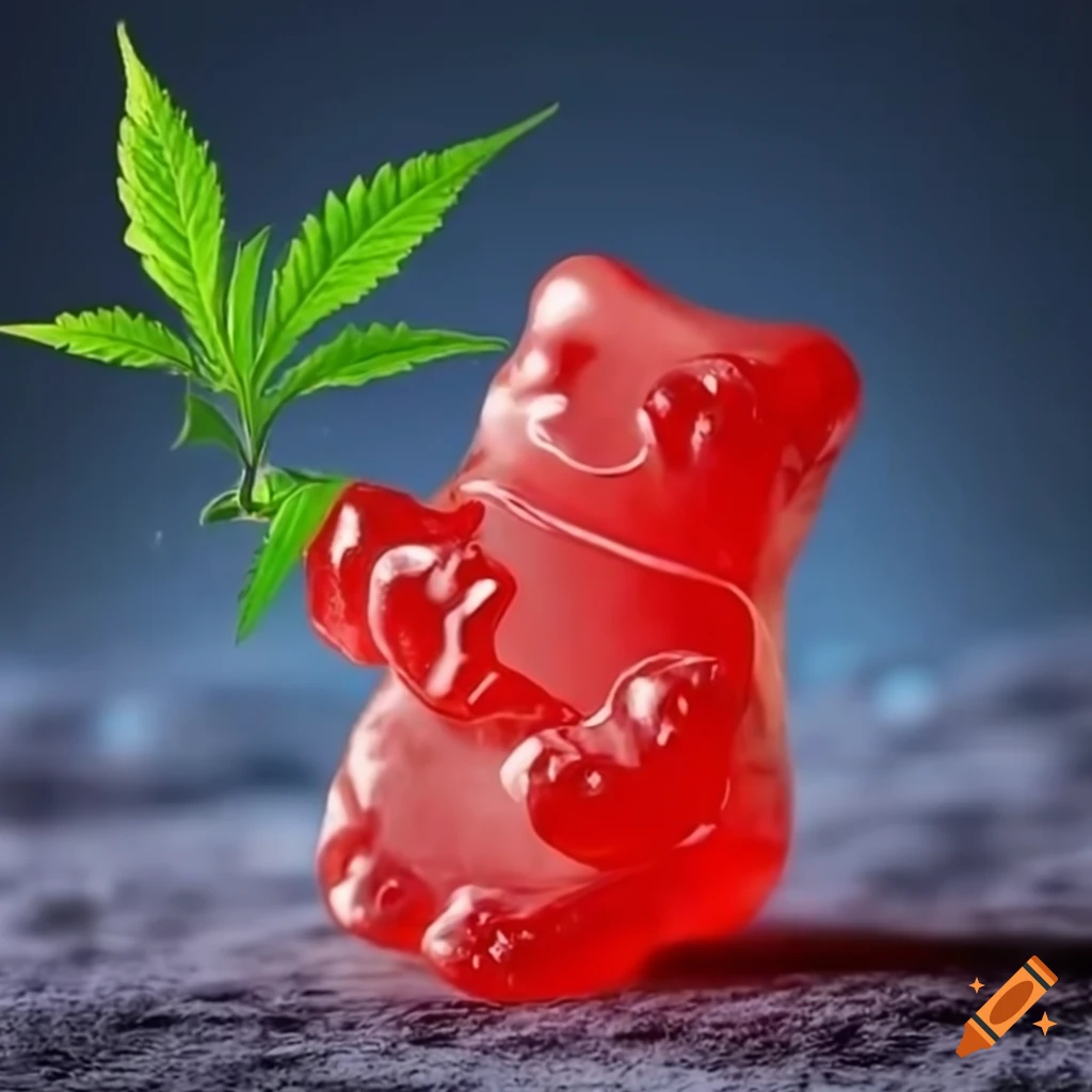 Red gummy bear in space holding a marijuana plant on Craiyon