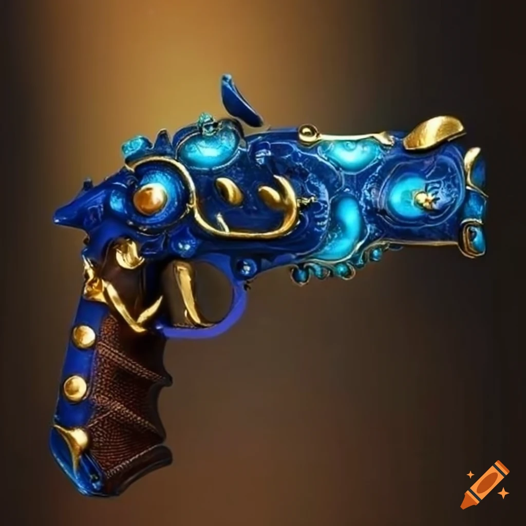 Deep blue fantasy pistol with gold decorations on Craiyon