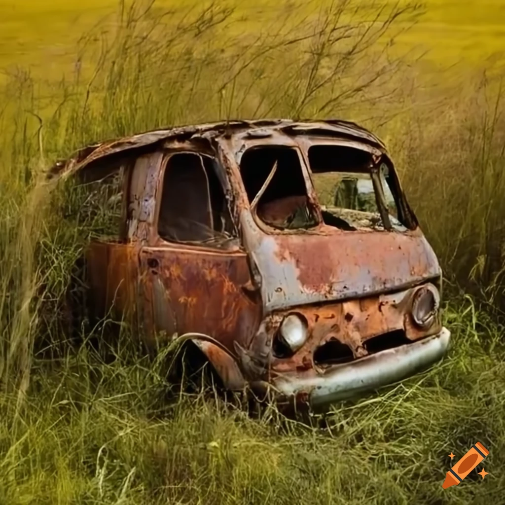 Damaged old van in a field with tall grass on Craiyon