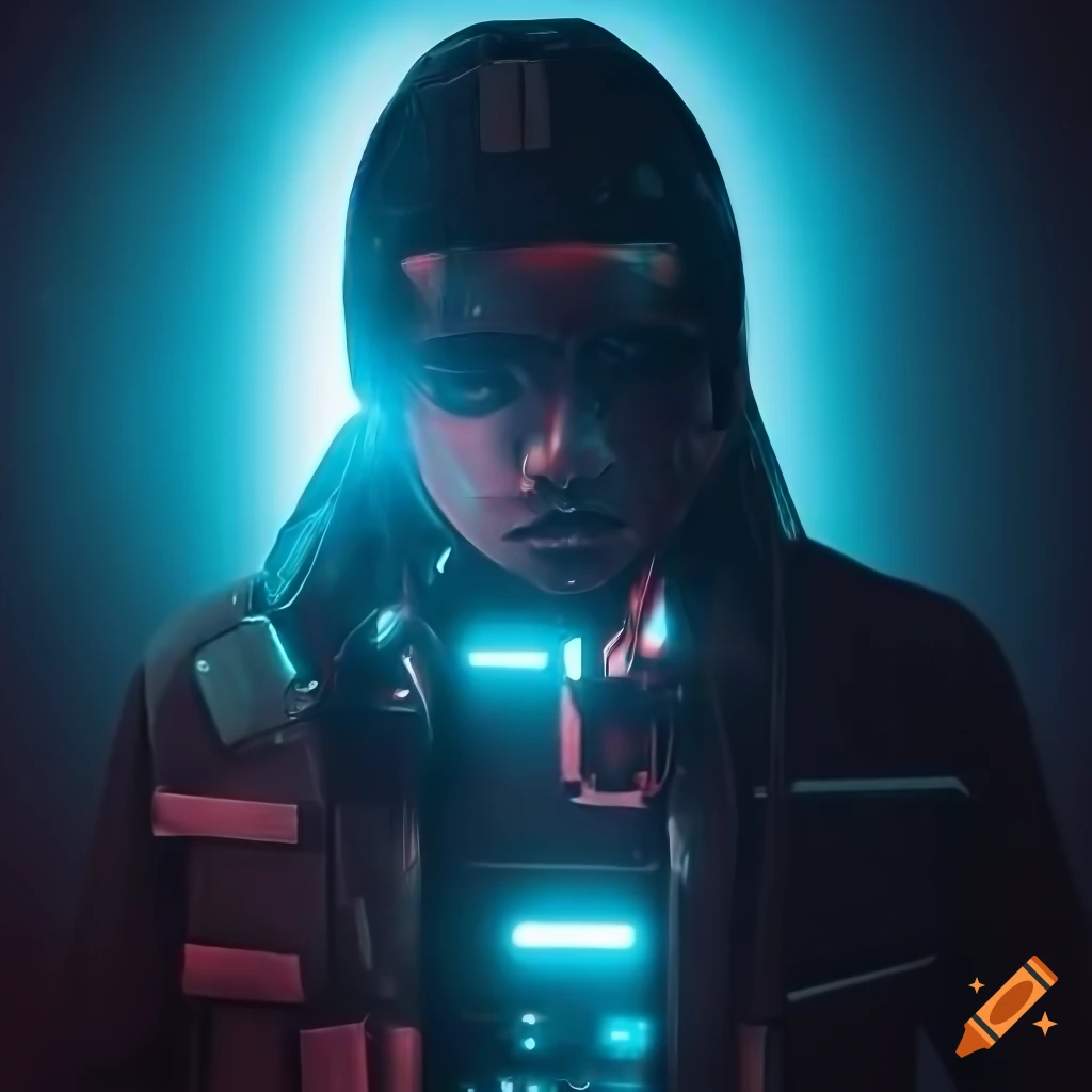 Human cyborg with cyberpunk elements in a sci-fi setting on Craiyon