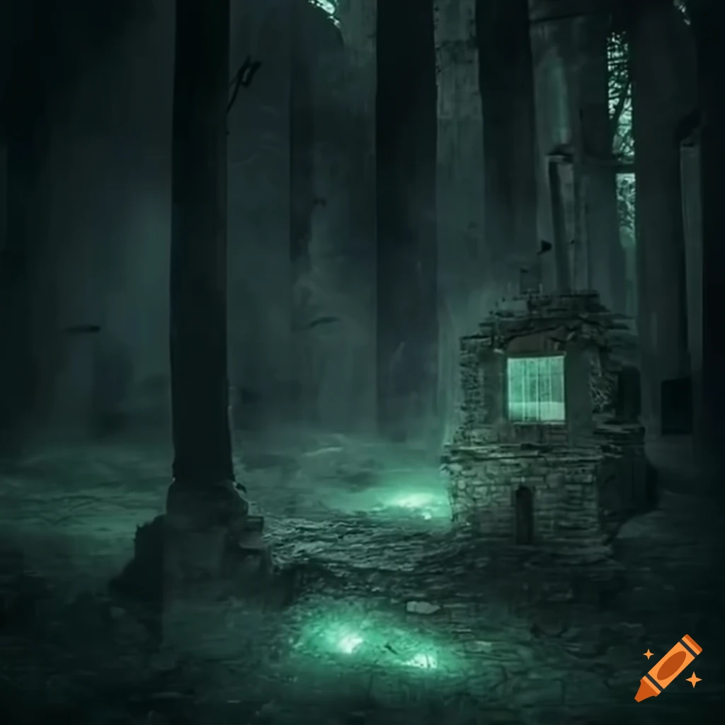 Surreal scene of high-tech computers integrated into ancient ruins with ...