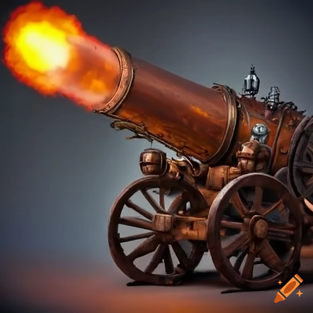 Steampunk style cannon firing on Craiyon