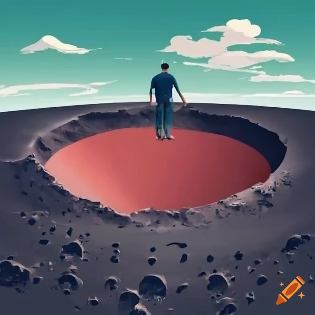 Man inside a crater looking out on Craiyon