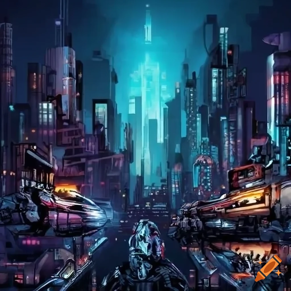 Sci-fi comic spread of a futuristic dystopian city with advanced ai ...
